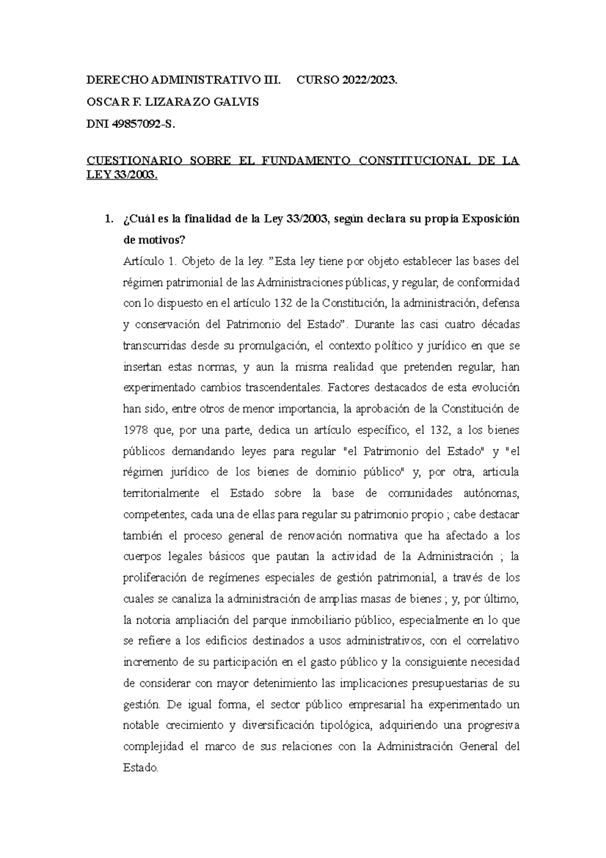 Cuestionario Sobre EL Fundamento Constitucional DE LA LEY 33 2003 ...