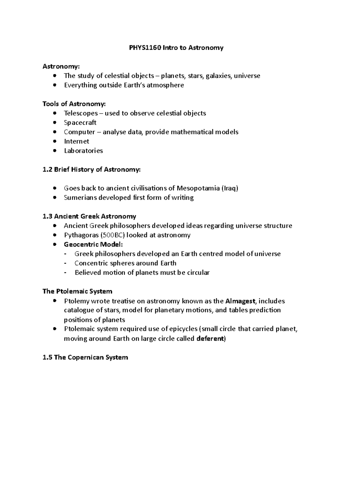 PHYS1160 Notes - PHYS1160 Intro to Astronomy Astronomy: The study of ...
