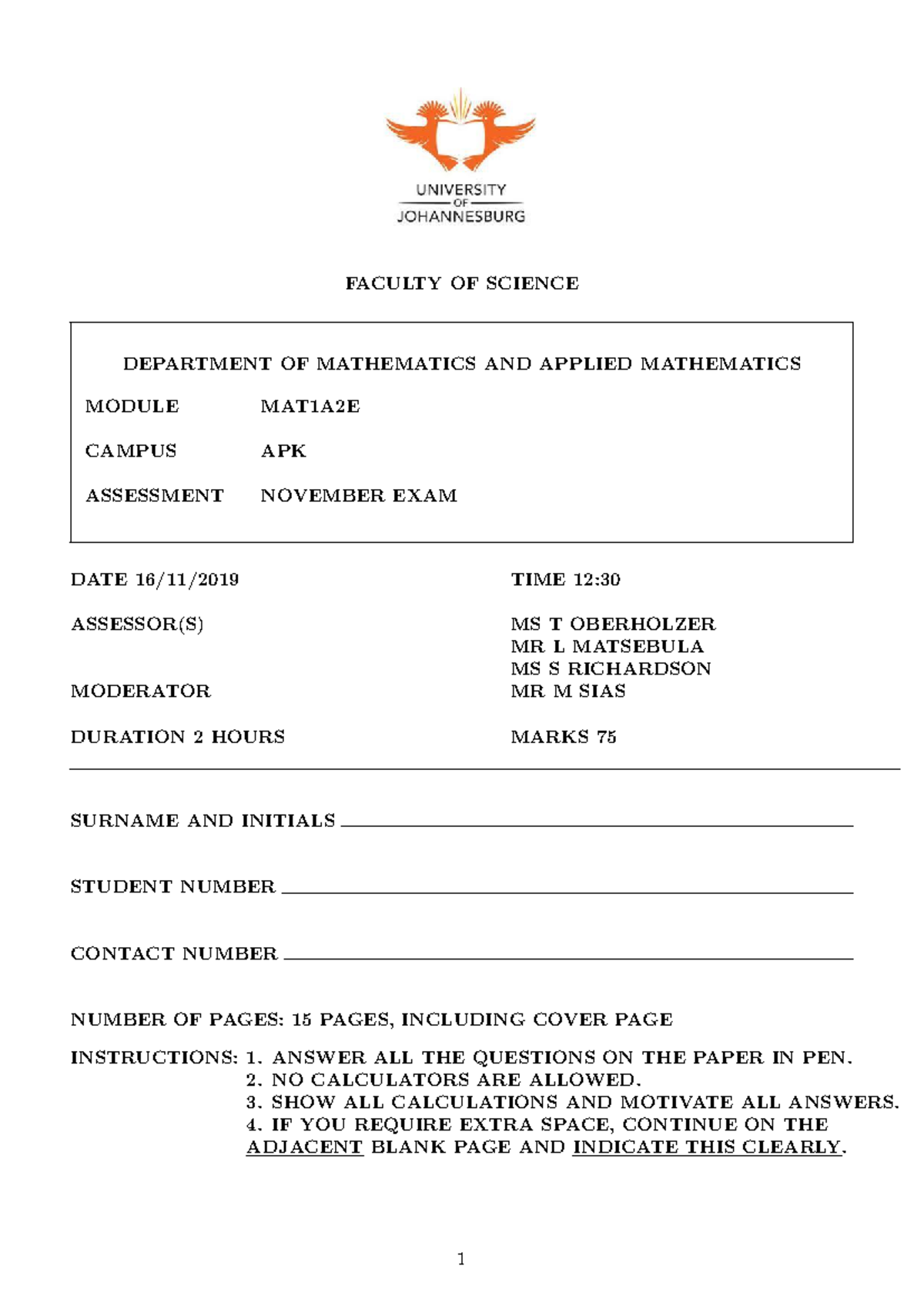 Uj 39451+ Source 1+ Source 1.1 maths - FACULTY OF SCIENCE DEPARTMENT OF ...