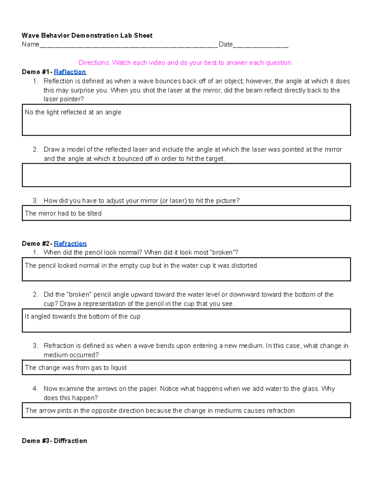 Student copy of Wave Behavior Demo Lab Sheet - Wave Behavior ...