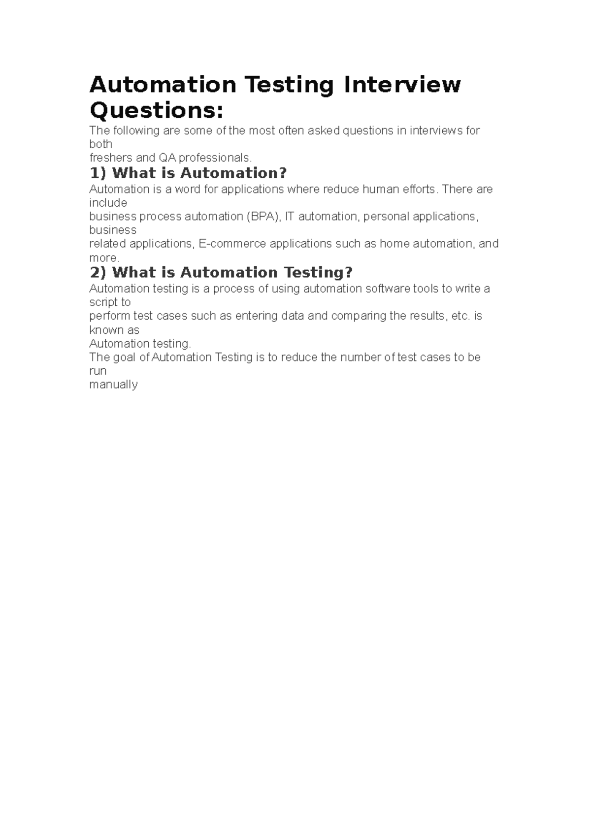 New Docx Document Qa Tester Automation Testing Interview Questions The Following Are Some