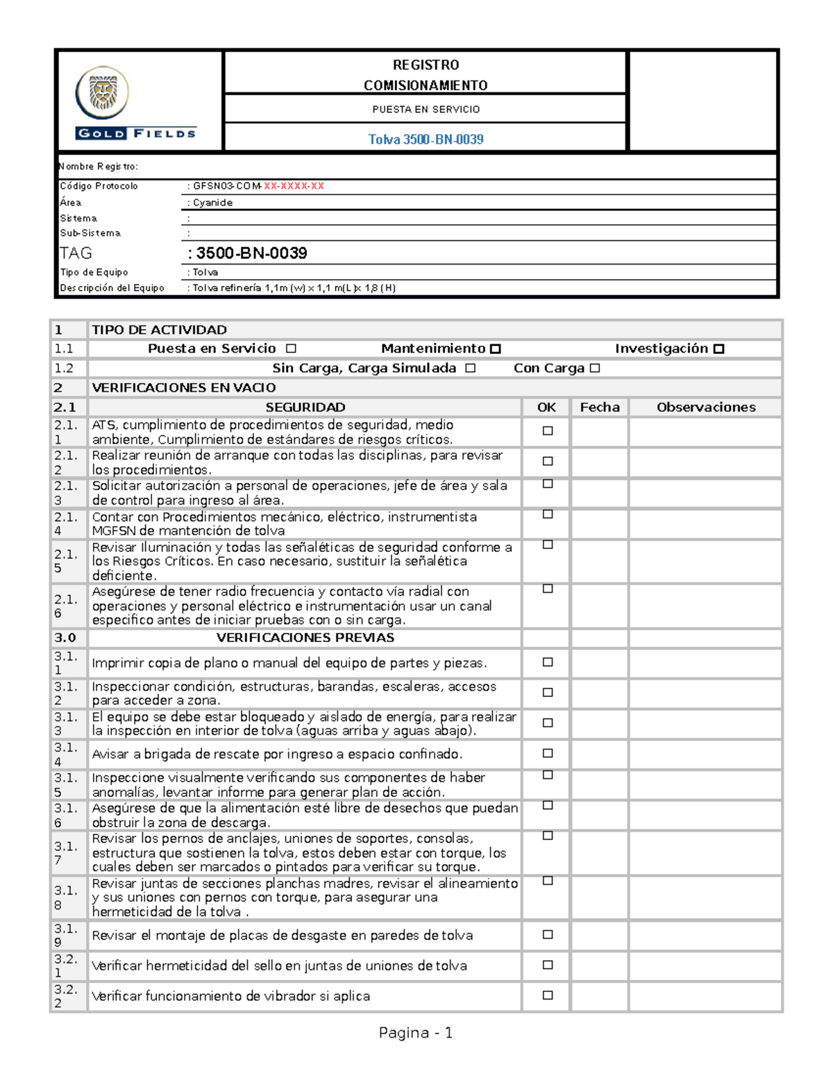 Check List Arranque 3500-BN-0039 Flux Bin - REGISTRO COMISIONAMIENTO ...