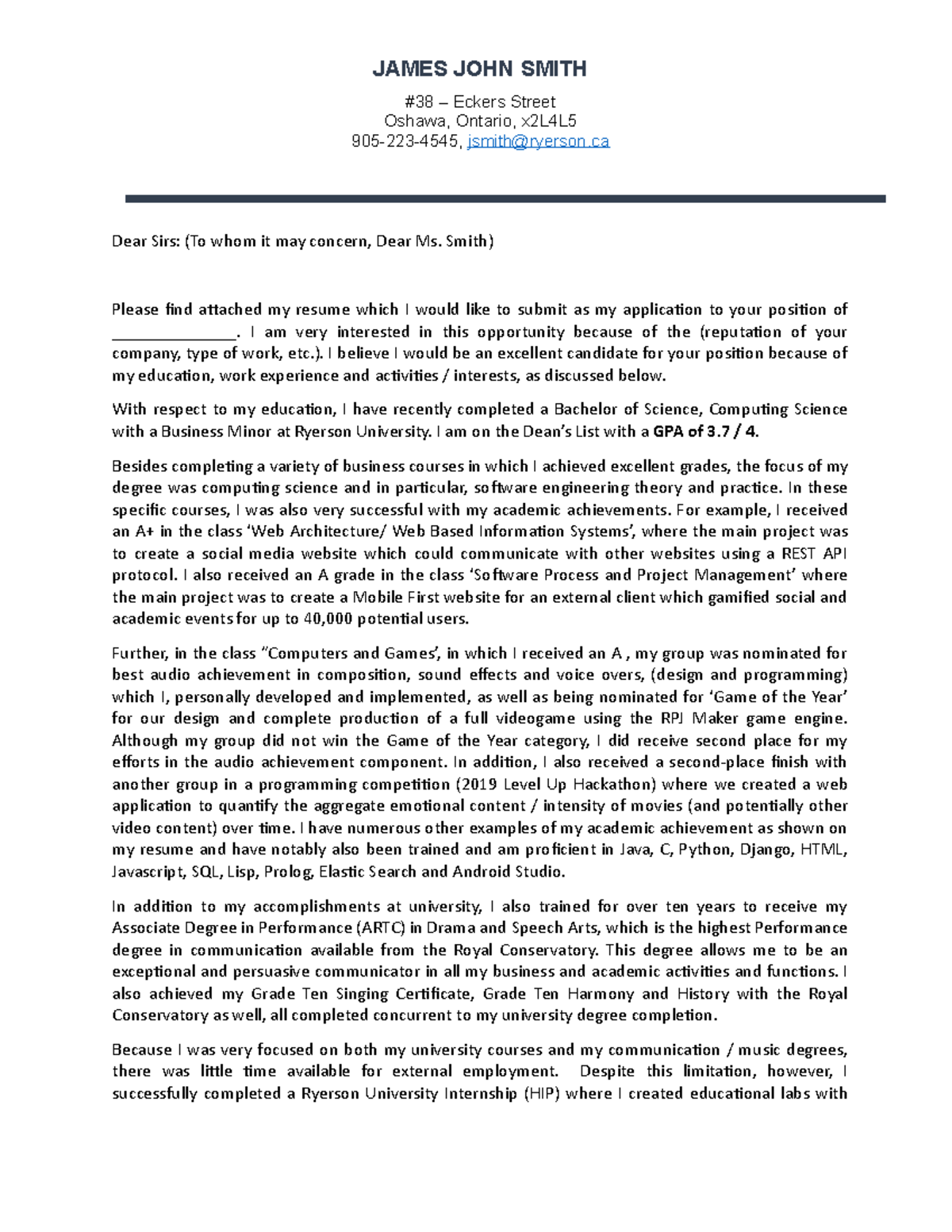 Sample Cover Letter - template - JAMES JOHN SMITH #38 – Eckers Street ...