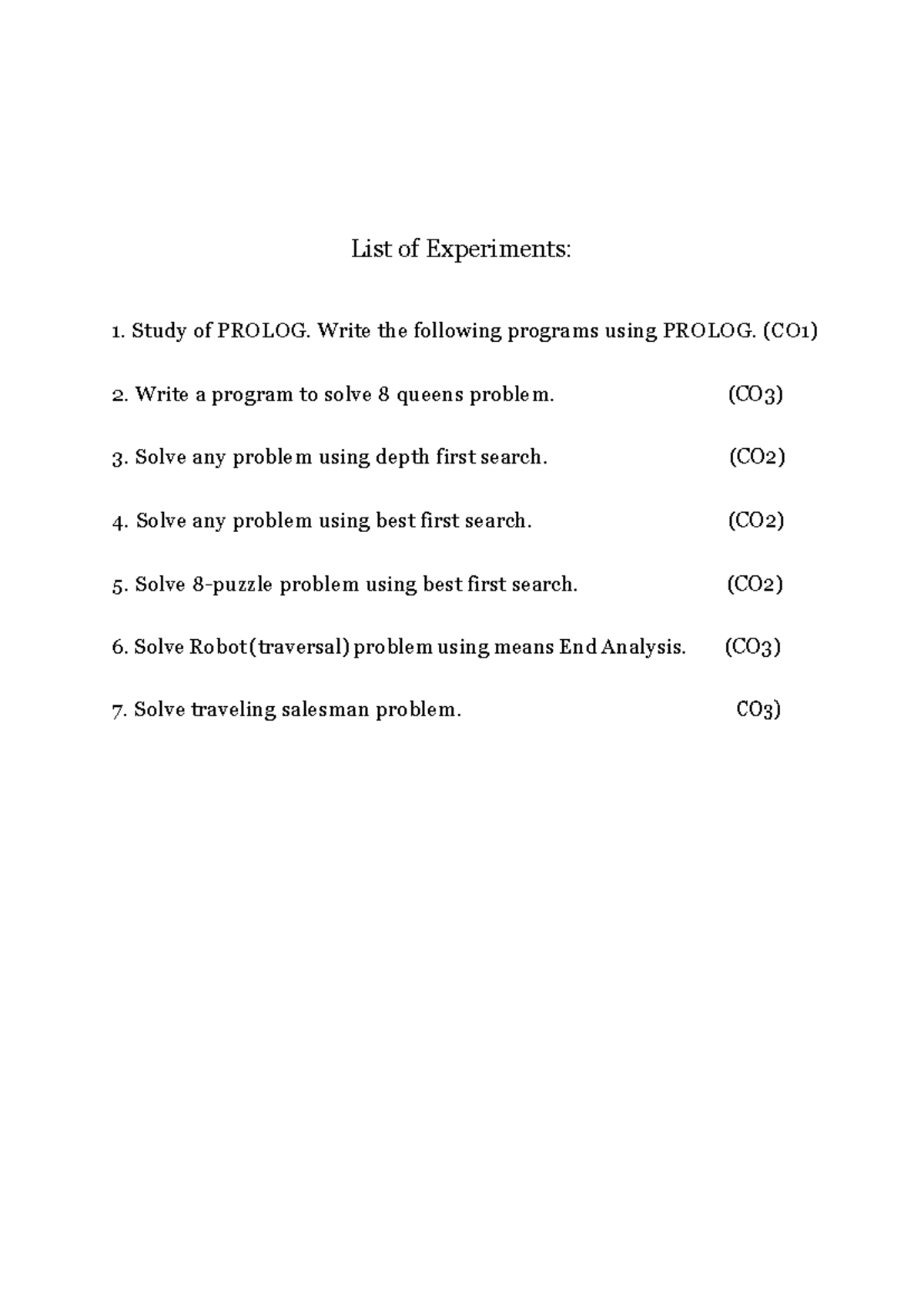AI Manual 2023-24 - its all about - List of Experiments: 1. Study of PROLOG. Write the following ...