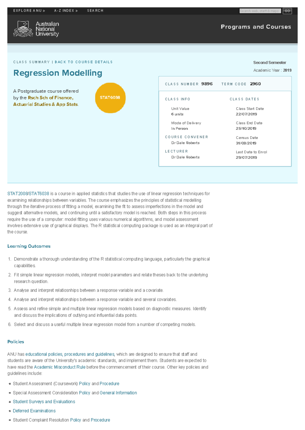 Course Outline Summary Regression Modelling Programs And Courses Stat2008 Stat6038 Is A
