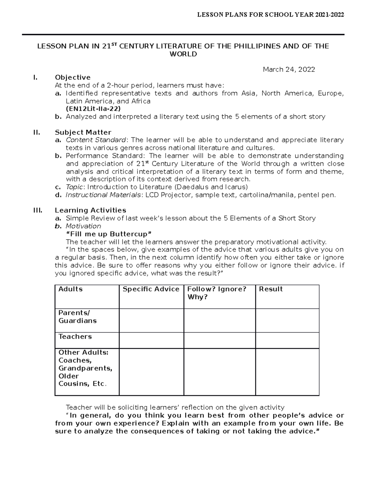 Lesson Plan For COT 21st Century Literature LESSON PLANS FOR SCHOOL
