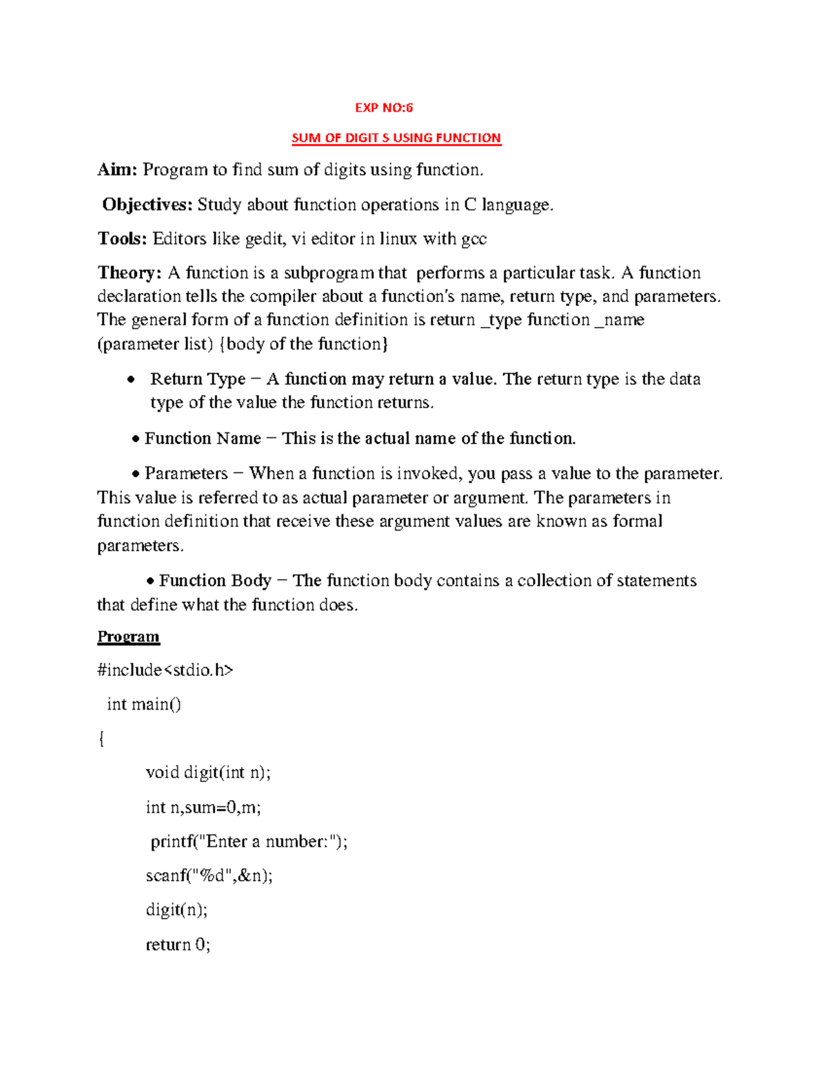 C Program Using Function Exp No Sum Of Digit S Using Function Aim Program To Find Sum Of