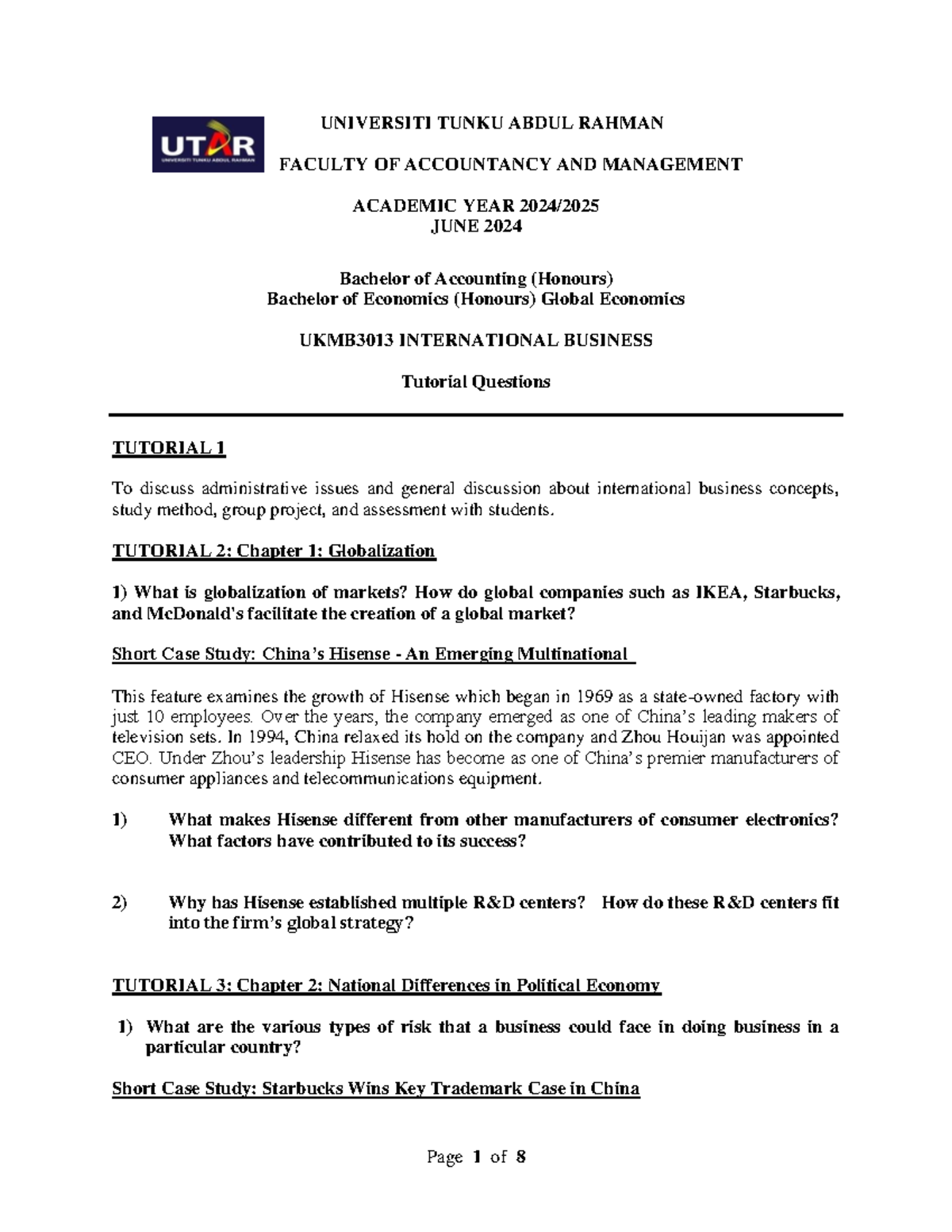 Tutorial Questions students - UNIVERSITI TUNKU ABDUL RAHMAN FACULTY OF ...