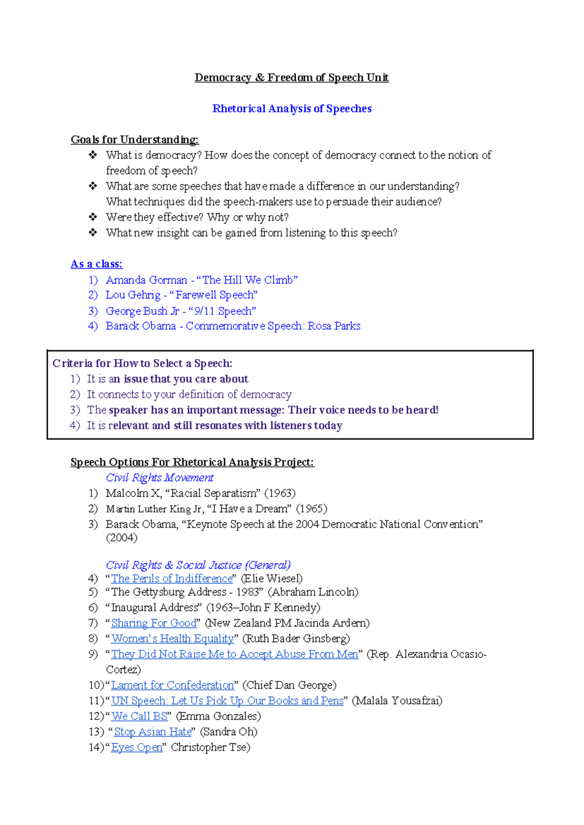 Democracy & Freedom of Speech Unit Rhetorical Analysis of Speeches ...