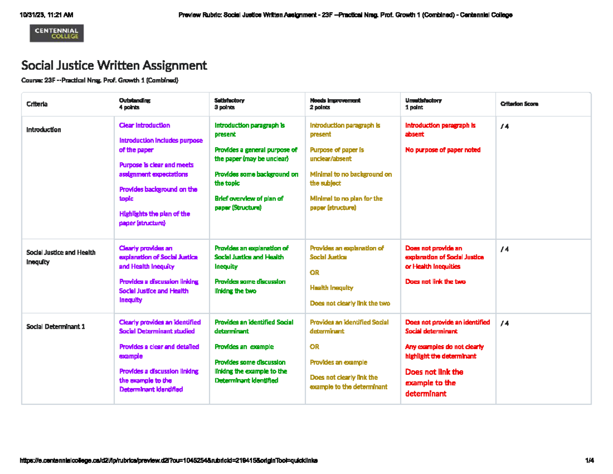 Social Justice F23 rubric - GNED135 - Studocu