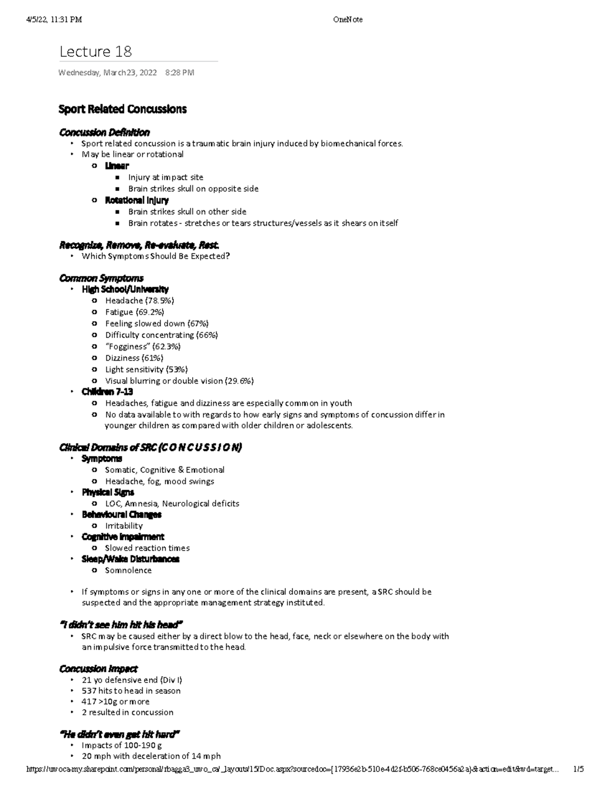Kinesiology 2236B 3 - Sport Related Concussions - Lecture 18 Wednesday ...