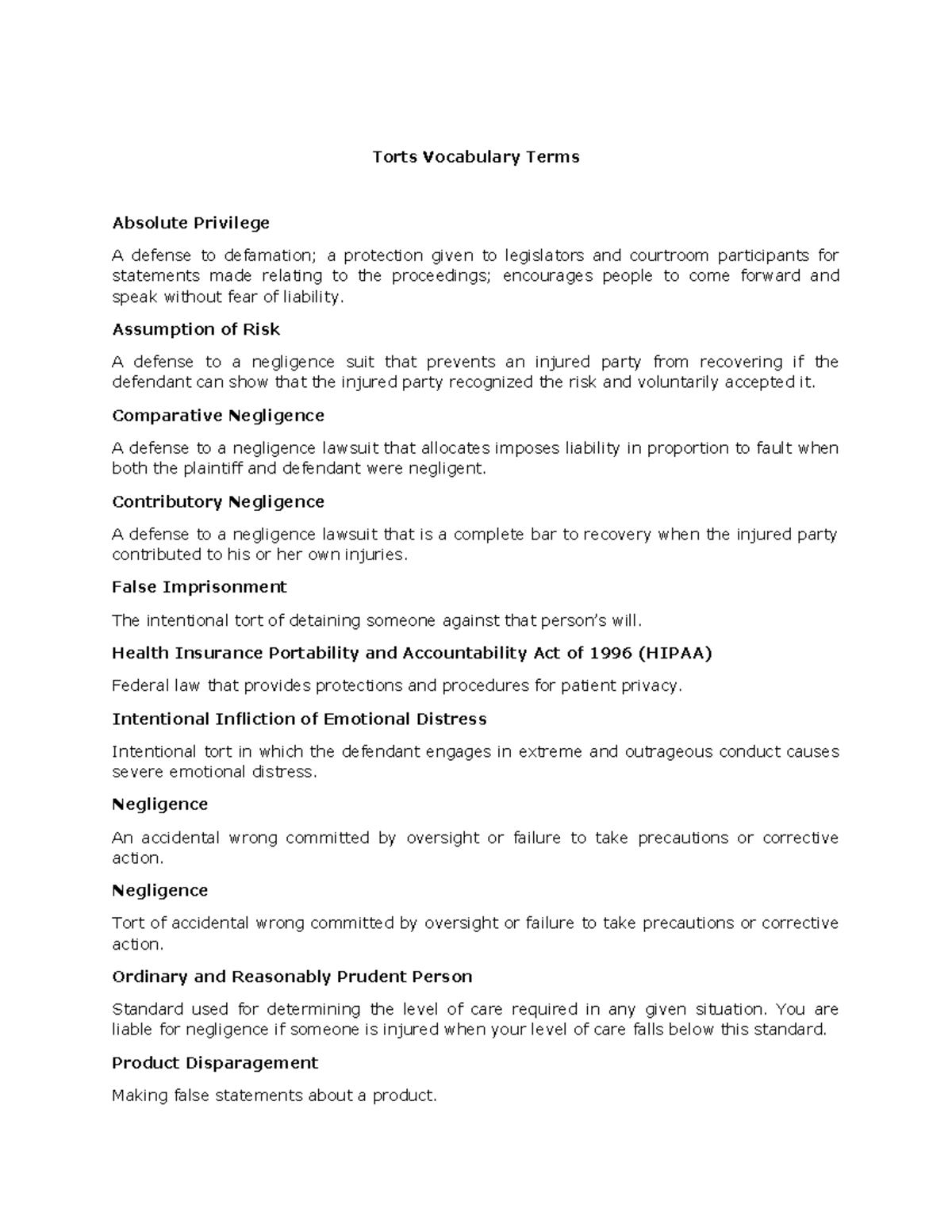 Torts Vocabulary Terms - Torts Vocabulary Terms Absolute Privilege A ...