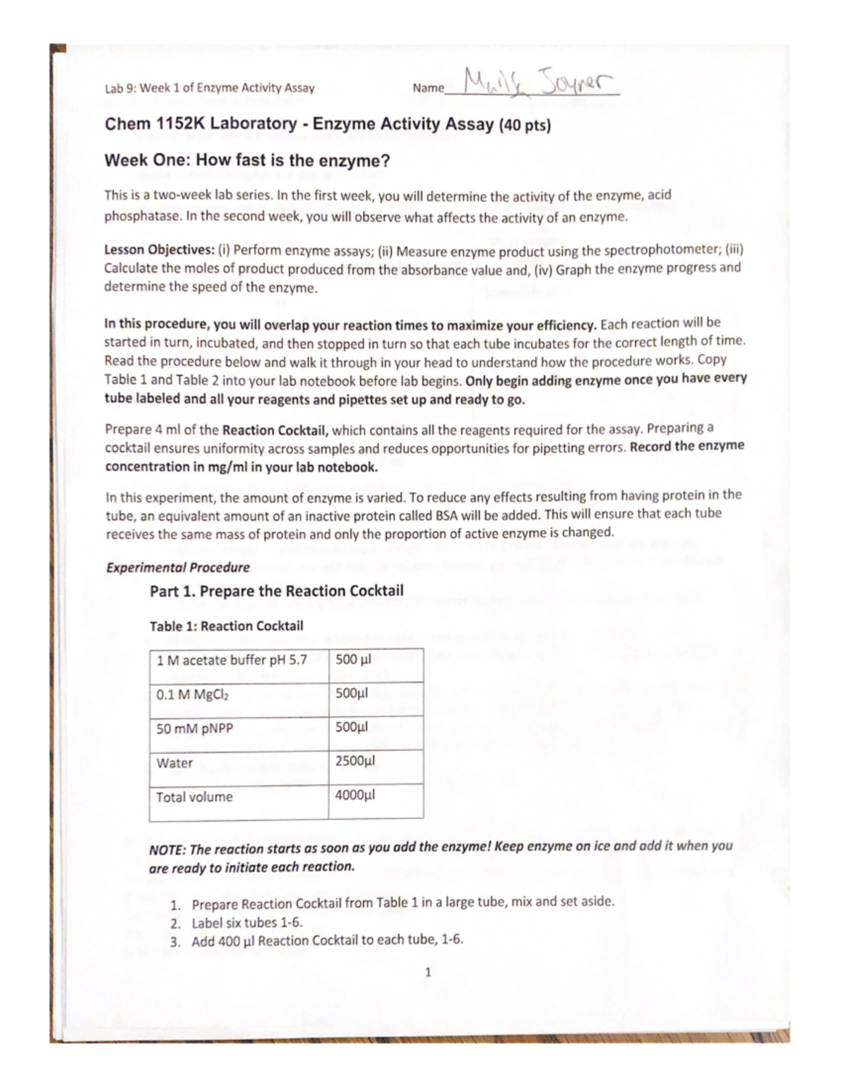 Lab 8 - Lab 8 Enzyme Activity - CHEM 1152K - Studocu