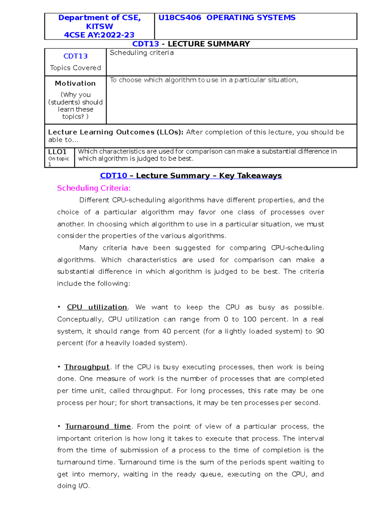 OS-CDT13 - Important notes - Department of CSE, KITSW 4CSE AY:2022 ...