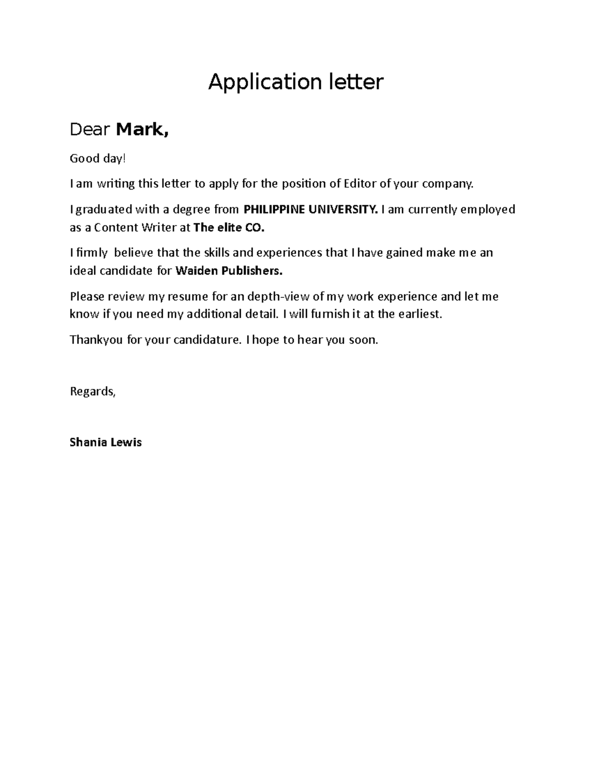 Fake Application letter - Application letter Dear Mark, Good day! I am ...