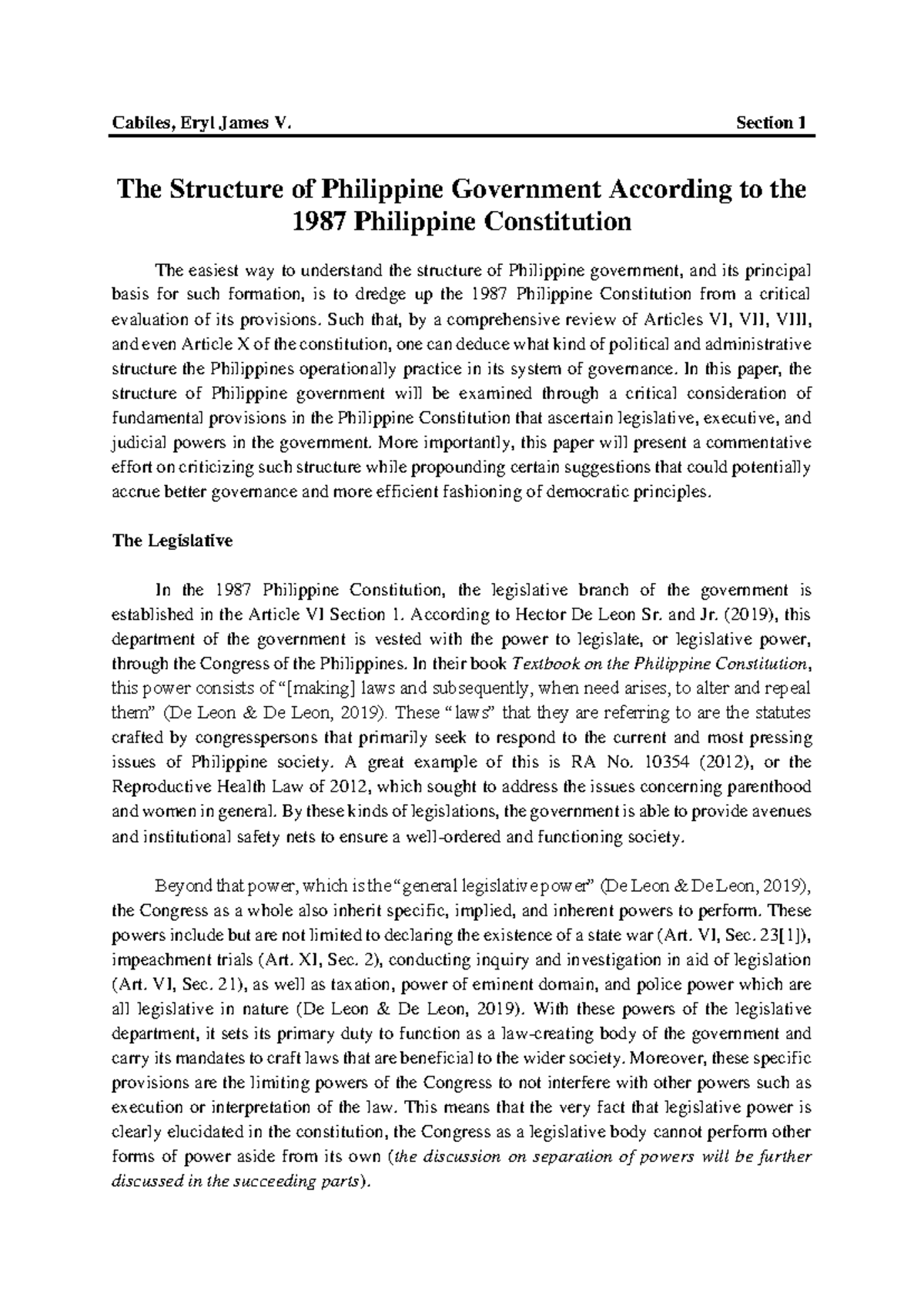 Consti-FA4 - 1987 constitution - Cabiles, Eryl James V. Section 1 The ...