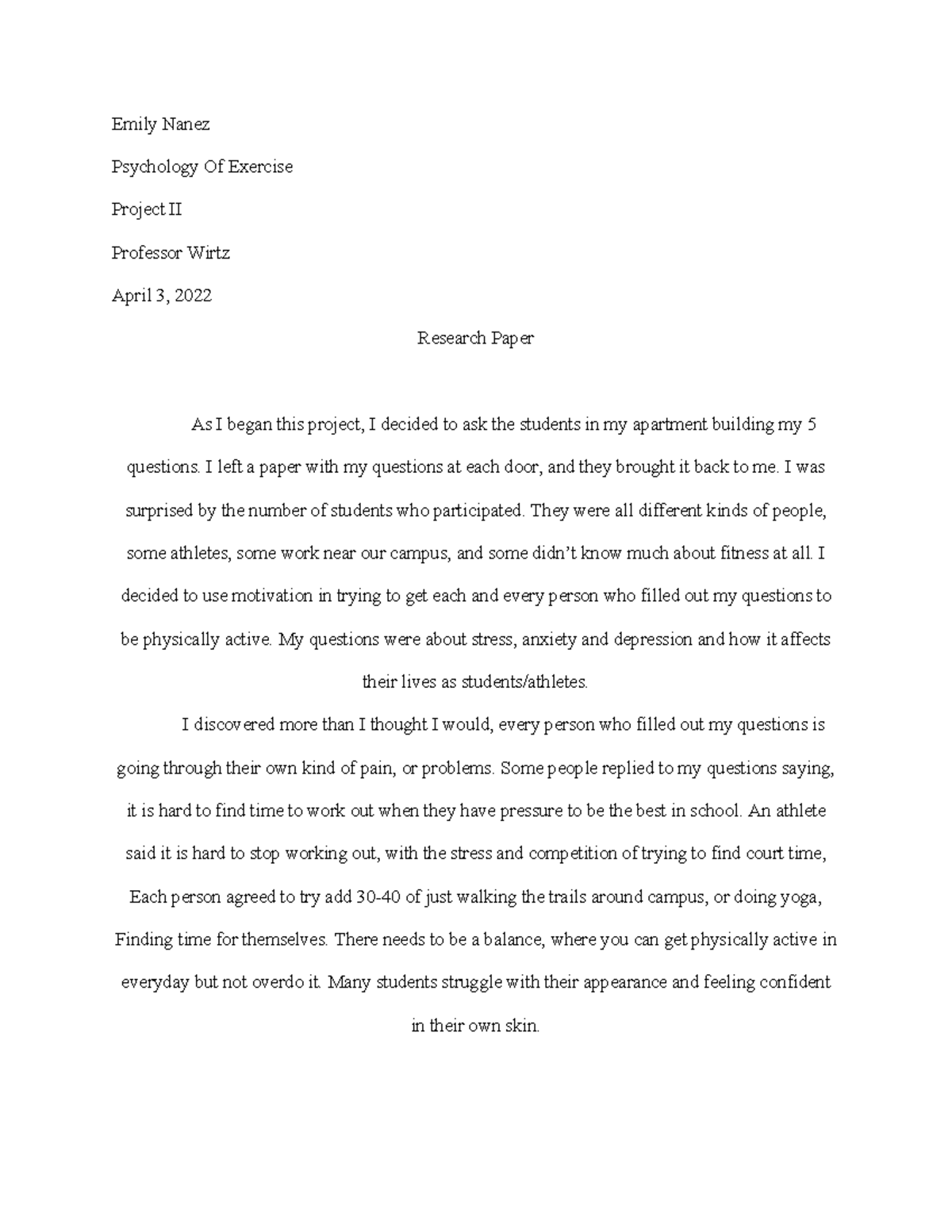 Research - Essay - Emily Nanez Psychology Of Exercise Project II ...