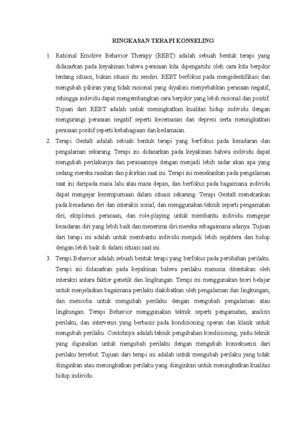 Ringkasan Terapi Konseling - RINGKASAN TERAPI KONSELING Rational Emotive Behavior Therapy (REBT ...