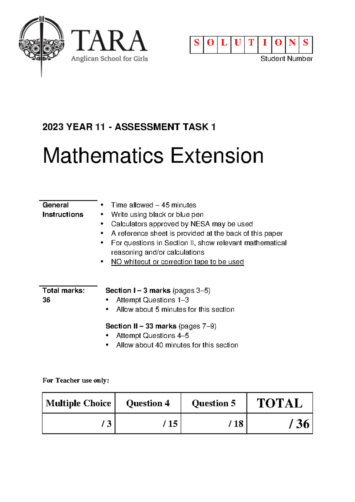 2023 Year 11 Maths Ext 1 Task 1 - Solutions - Student Number 2023 YEAR ...
