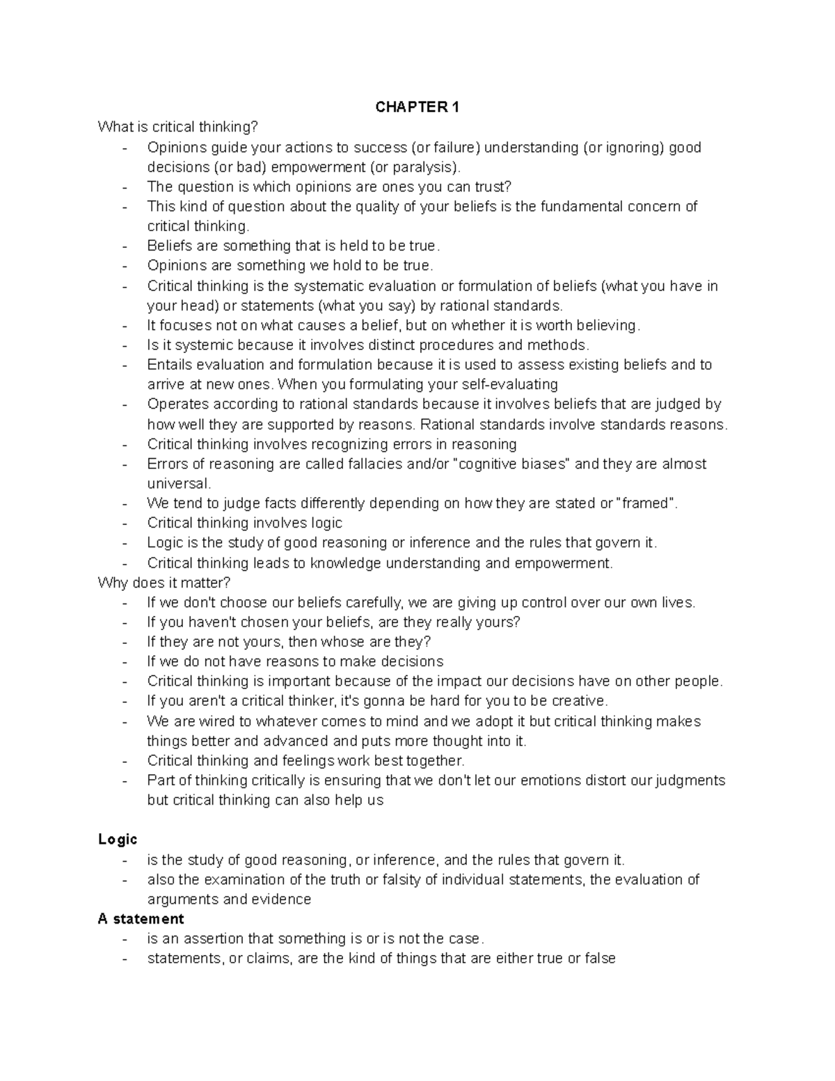 Critical Thinking - Mostly textbook notes - CHAPTER 1 What is critical ...
