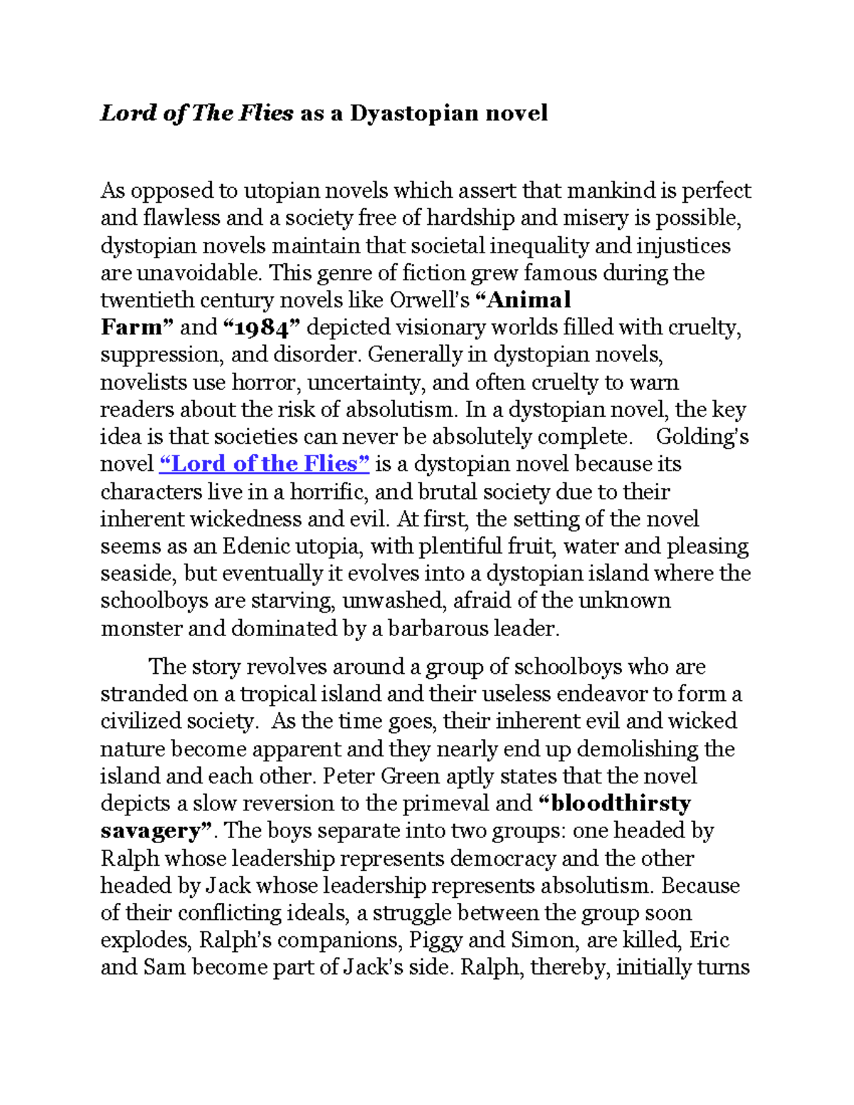 Tom jones the adventure - Lord of The Flies as a Dyastopian novel As ...