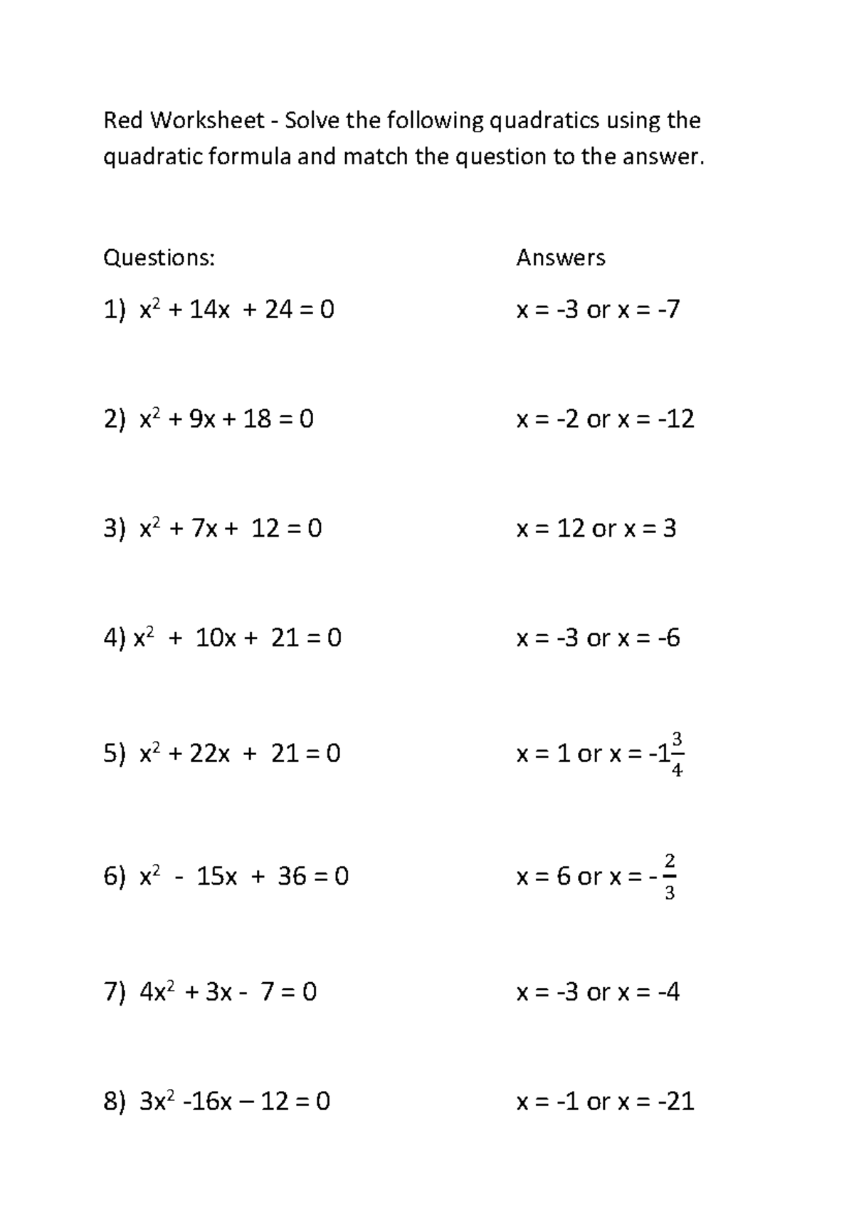 Quadratic Formula Practice Worksheets - Studocu