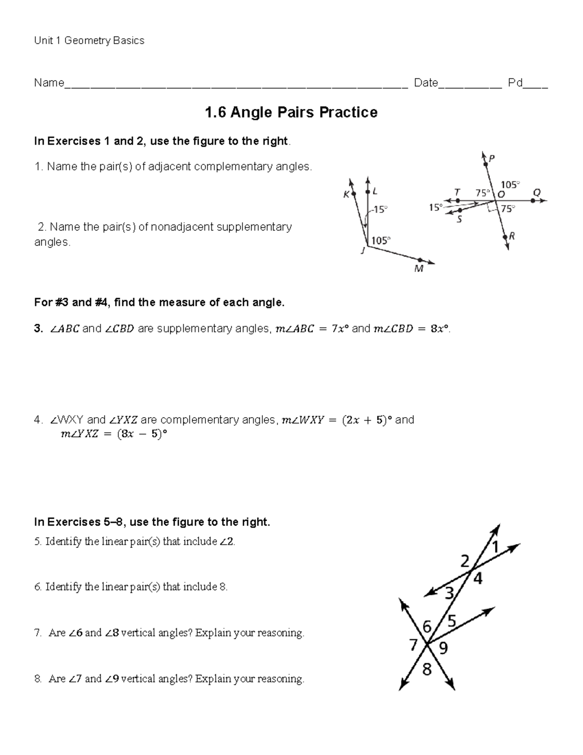 1.6 Angle Pairs Practice - Unit 1 Geometry Basics - Studocu