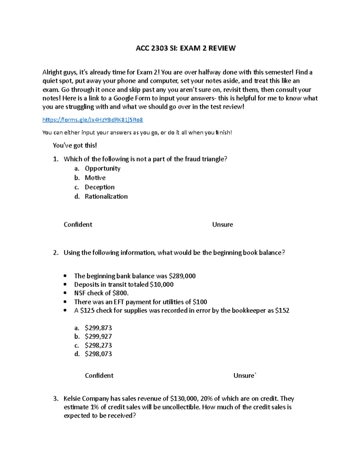 Practice Exam 2 Review Acc 2303 Si Exam 2 Review Alright Guys Its Already Time For Exam 2