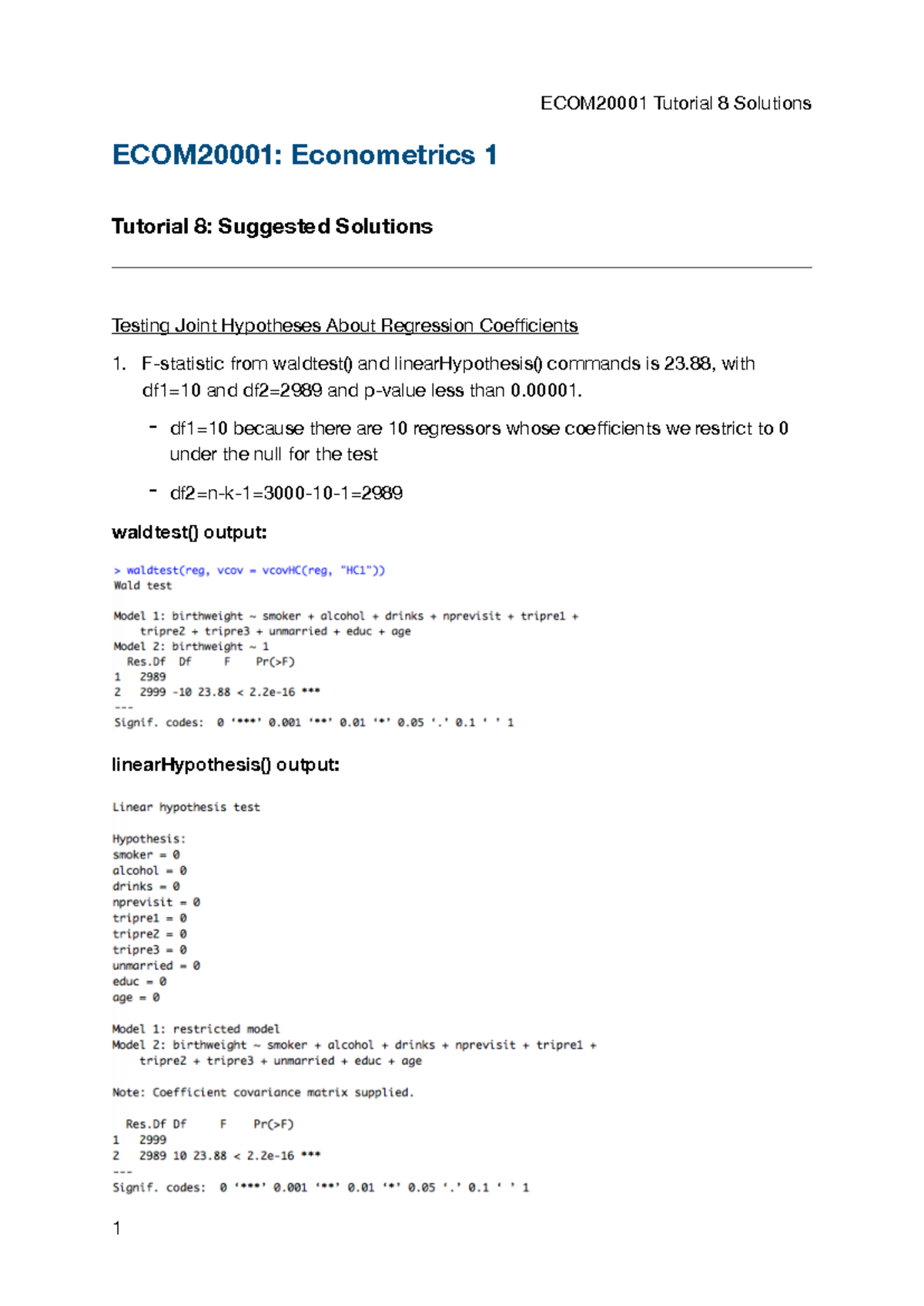 Week 8 Tutorial Solution Ecom20001 Econometrics 1 Tutorial 8