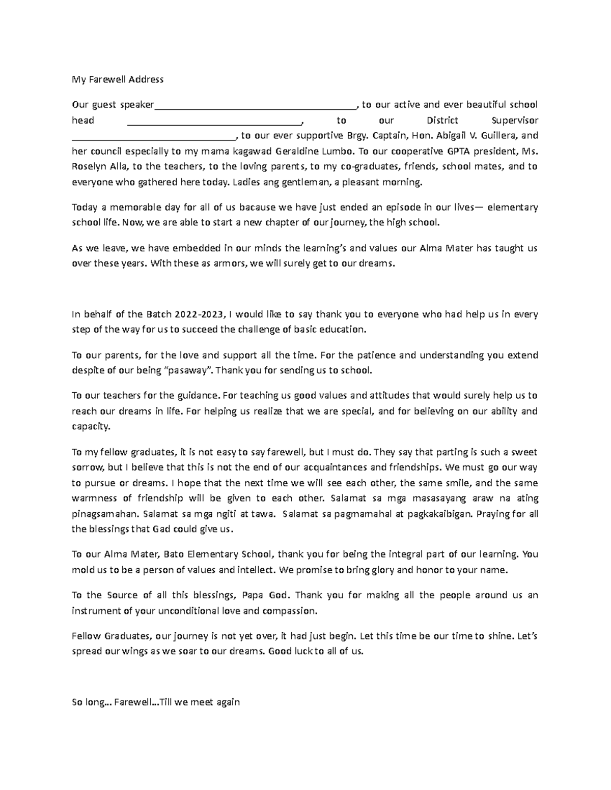 Angel farewell address - My Farewell Address Our guest speaker