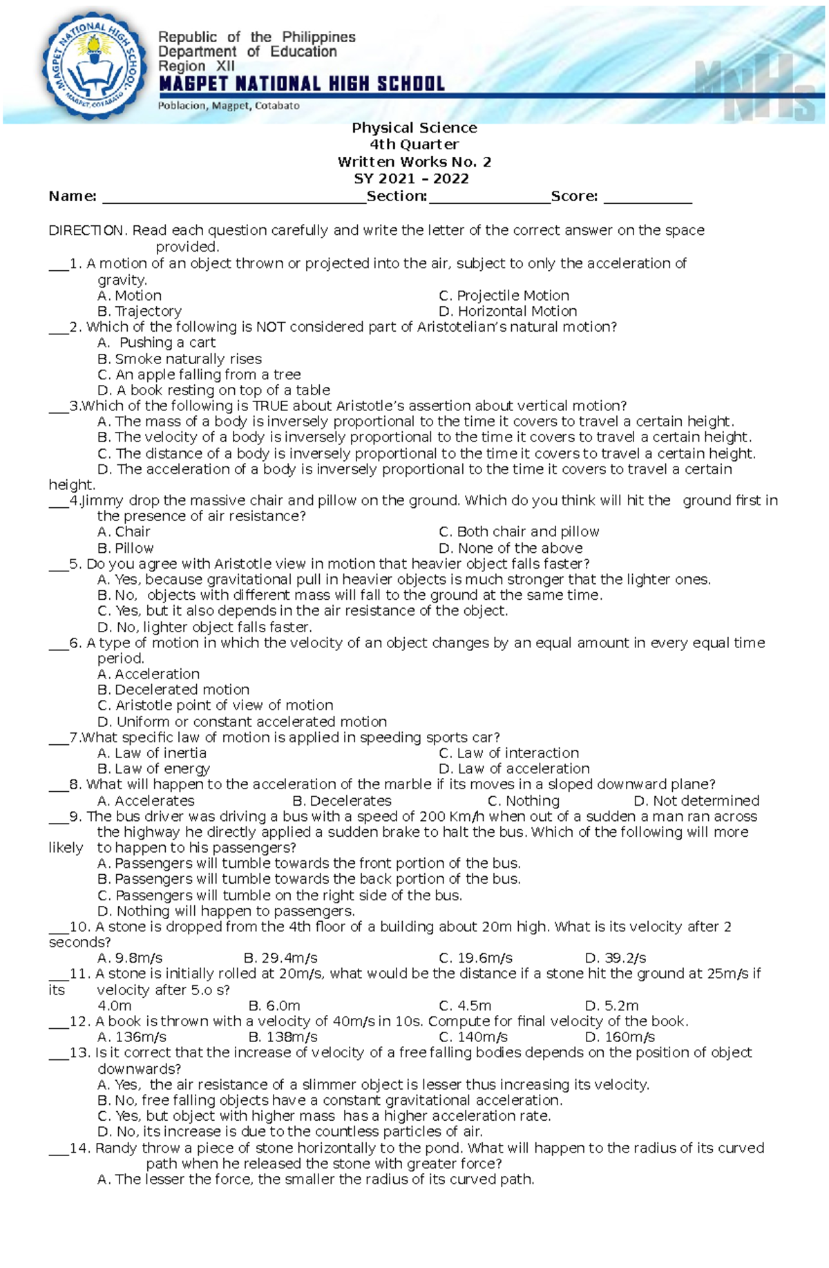 Physical Science Exam 2 Physical Science 4th Quarter Written Works No physical-science-exam-2-physical-science-4th-quarter-written-works-no