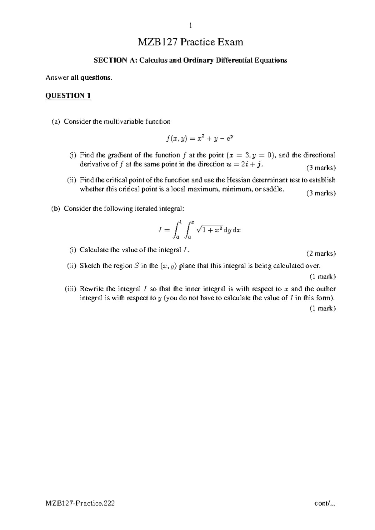 MZB127 practice test - MZB127 Practice Exam SECTION A: Calculus and ...