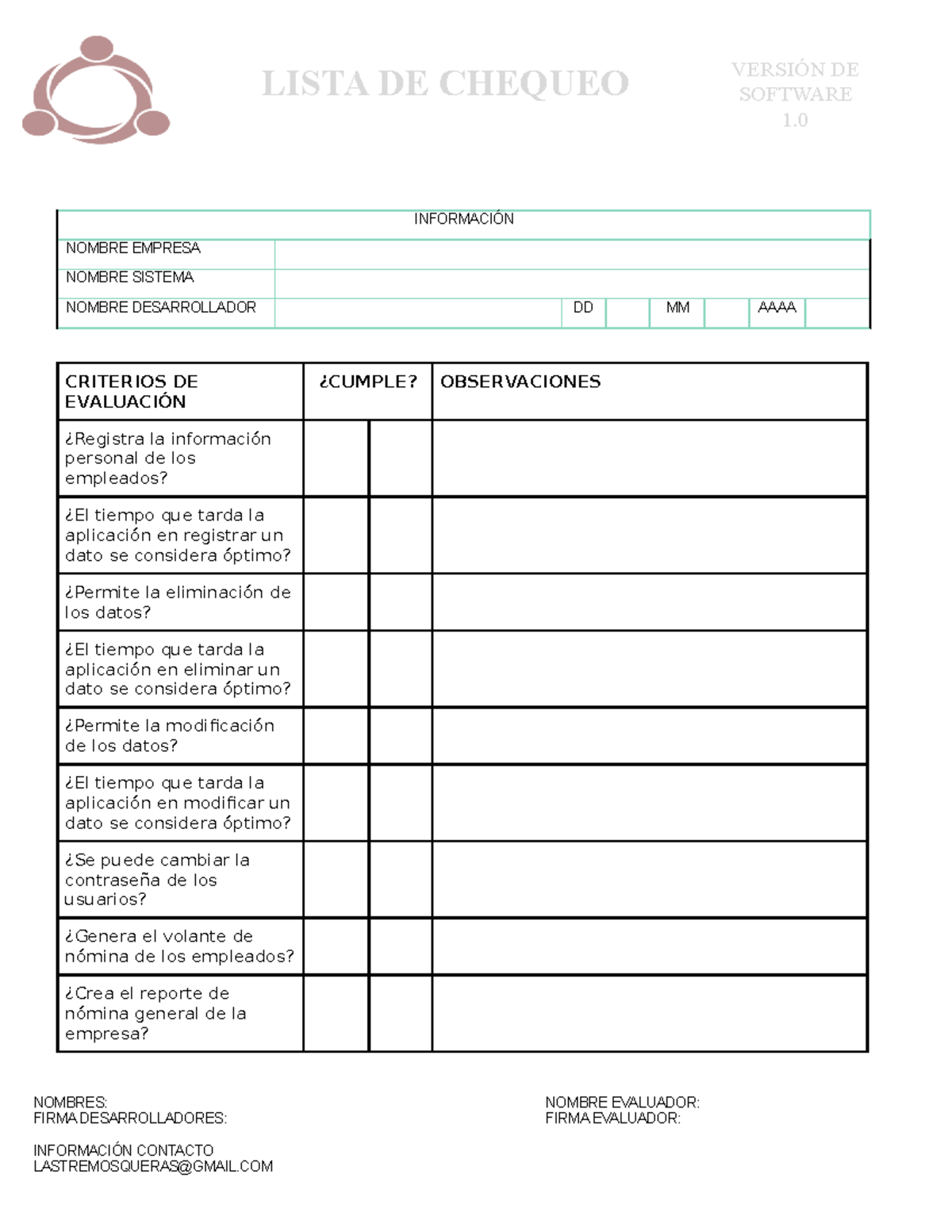 Listas de chequeo nómina - LISTA DE CHEQUEO VERSIÓN DE SOFTWARE 1. INFORMACIÓN NOMBRE EMPRESA ...