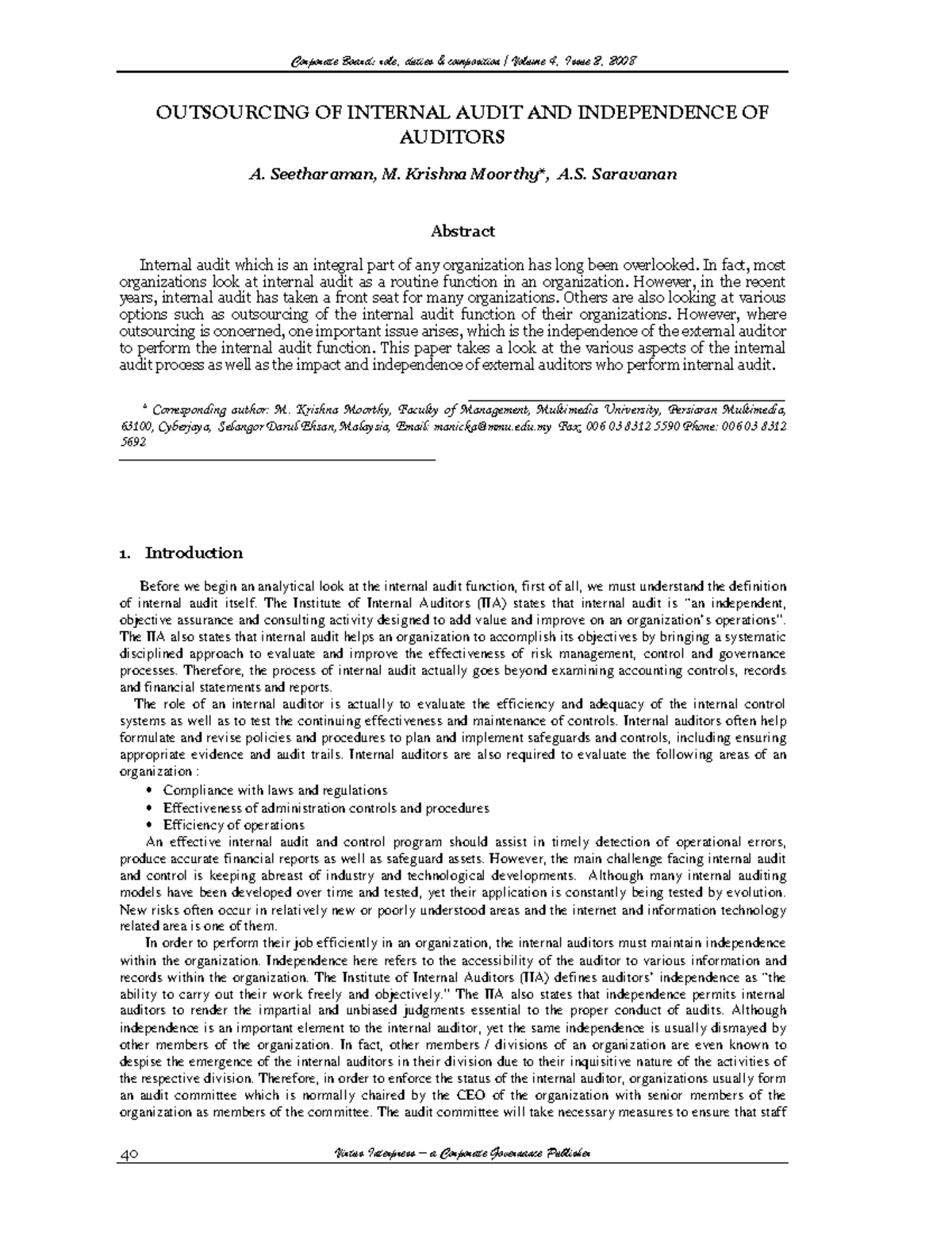 Outsourcing of internal audit and independence of - OUTSOURCING OF ...