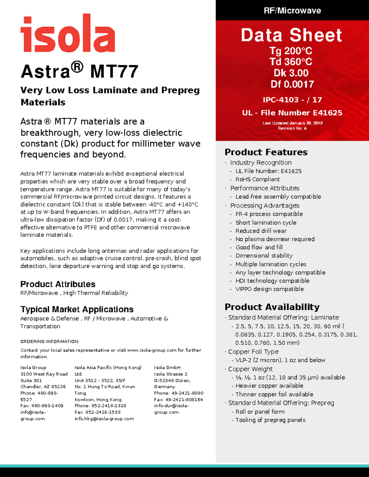 Astra-mt77 data sheet - Astra ® MT Very Low Loss Laminate and Prepreg ...