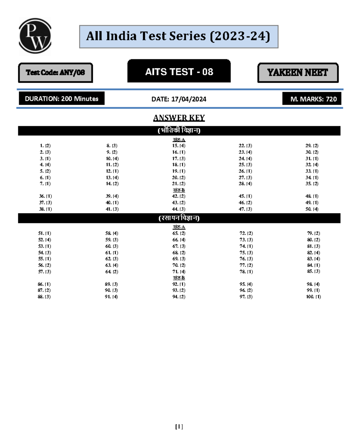 .trashed-1716043997- Yakeen NEET 2024 AITS - 08 Answer Key - ANSWER KEY (भौतिकी तिज्ञान ) खंड-A ...