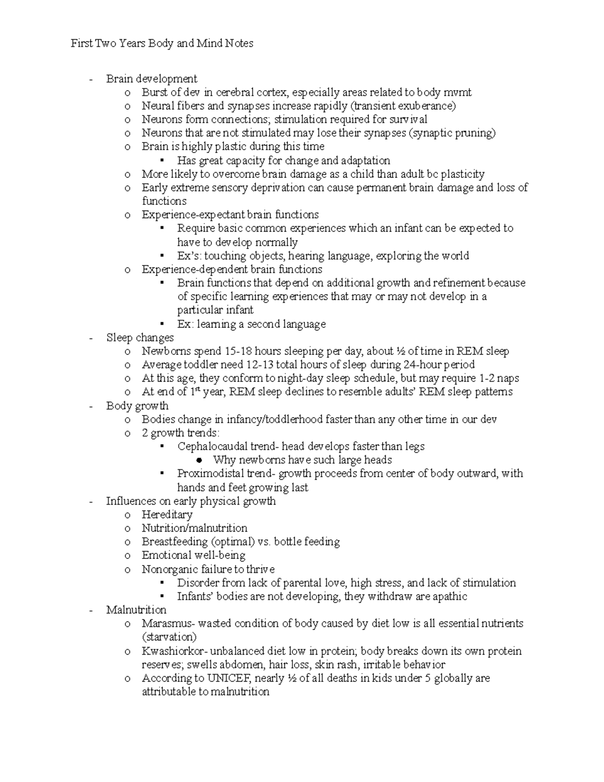 First Two Years Body and Mind Notes - Brain development o Burst of dev ...