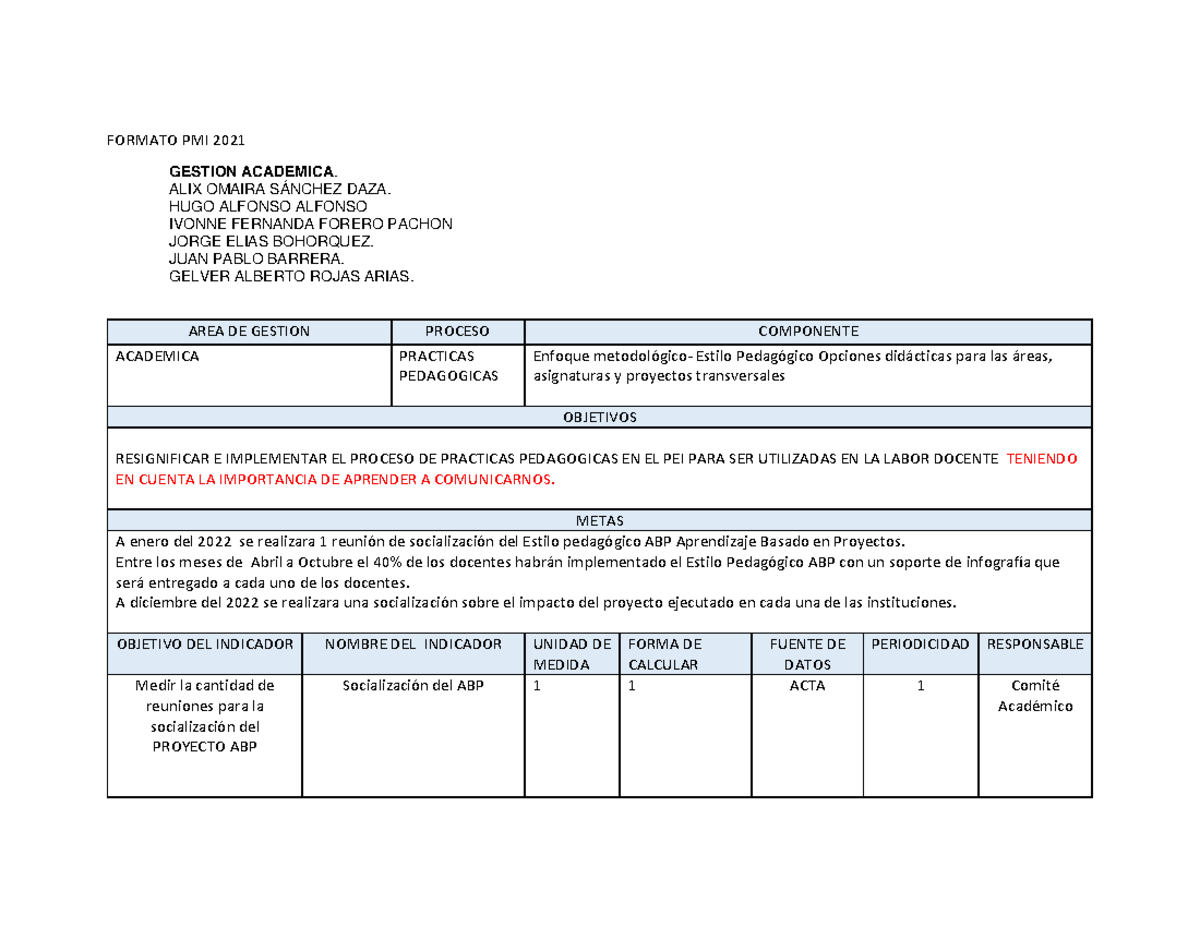 Formato PMI 2022 Academica (2) - FORMATO PMI 2021 GESTION ACADEMICA ...