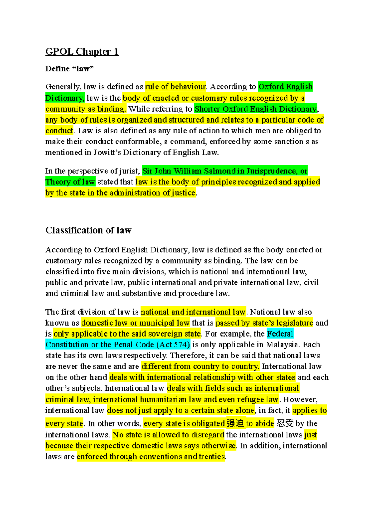 GPOL Chapter 1 - According to Oxford English Dictionary, law is the ...