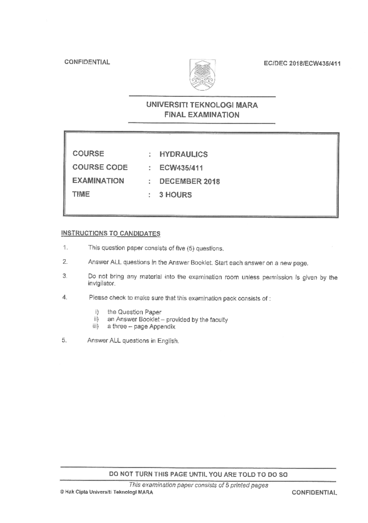 ECW435 411 Past sem paper Hydraulic Universiti Teknologi Mara Uitm ...