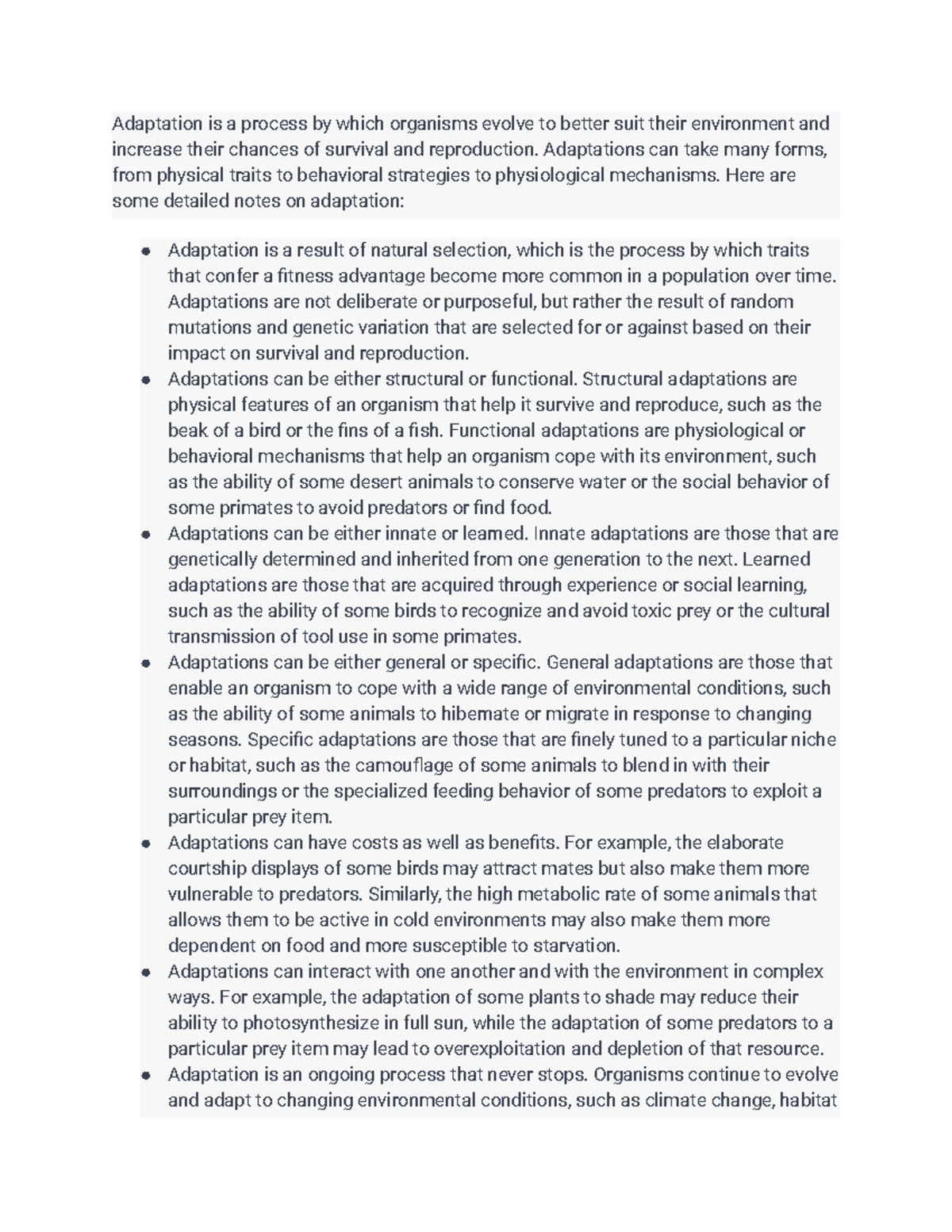 Adaption Notes - Adaptation is a process by which organisms evolve to ...