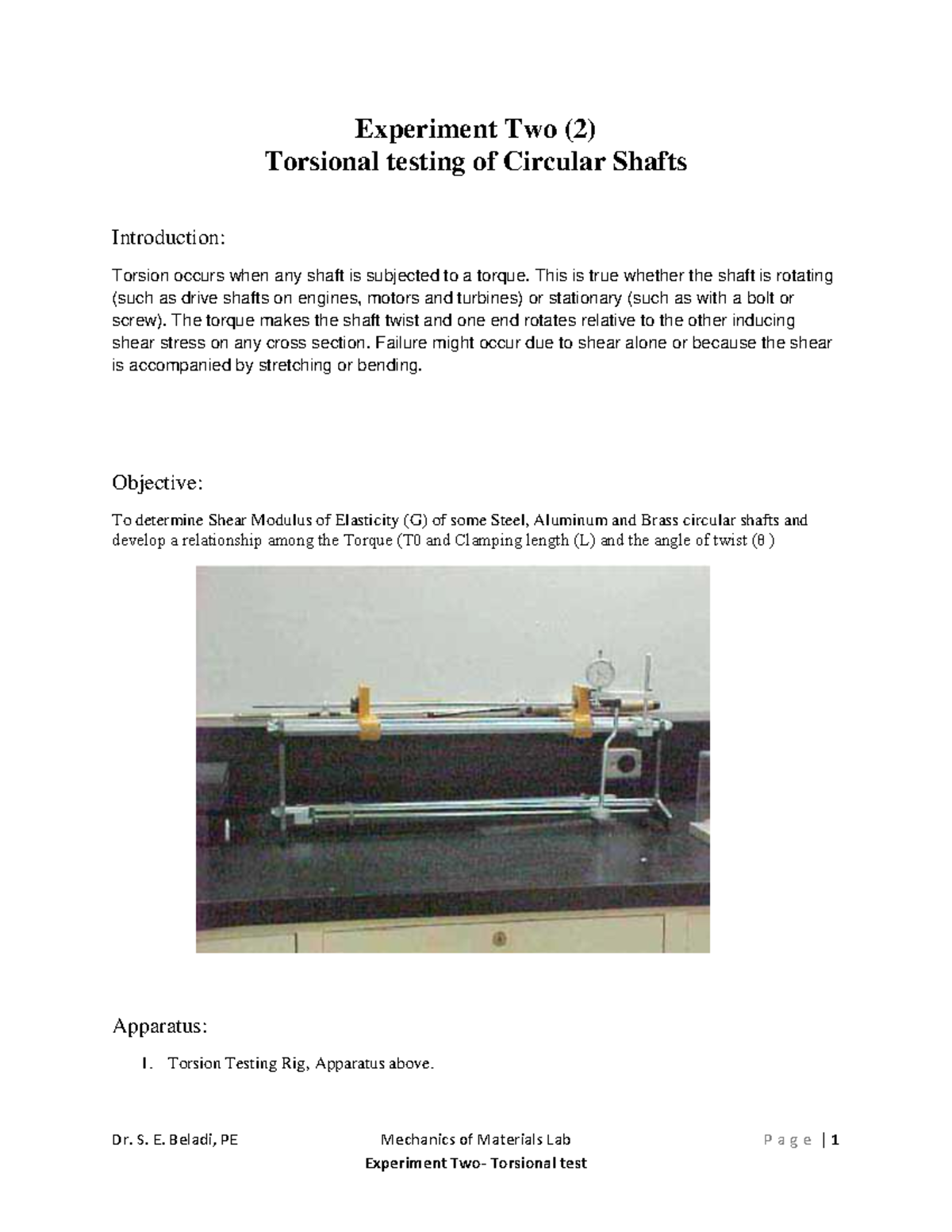 3. LAb Manual for Torsion Experiment Two - Dr. S. E. Beladi, PE ...