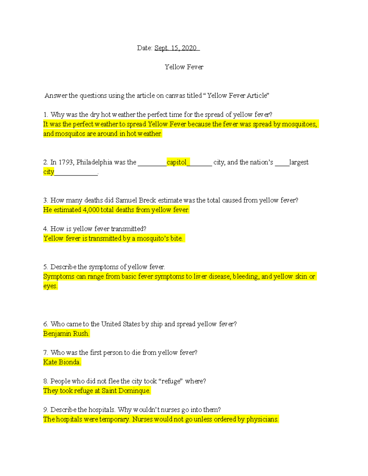 YFQ - q and a for yellow fever - Date: Sept. 15, 2020 Yellow Fever ...