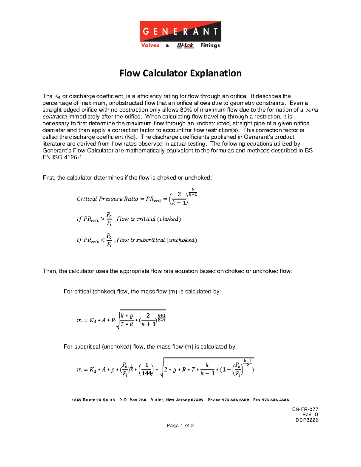 Flow Calculator Explanation - 1865 Route 23 South P. Box 768 Butler, New Jersey 07405 Phone 973. ...