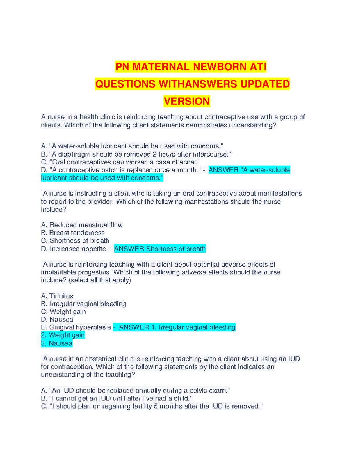 PN Maternal Newborn ATI - PN MATERNAL NEWBORN ATI QUESTIONS WITHANSWERS ...