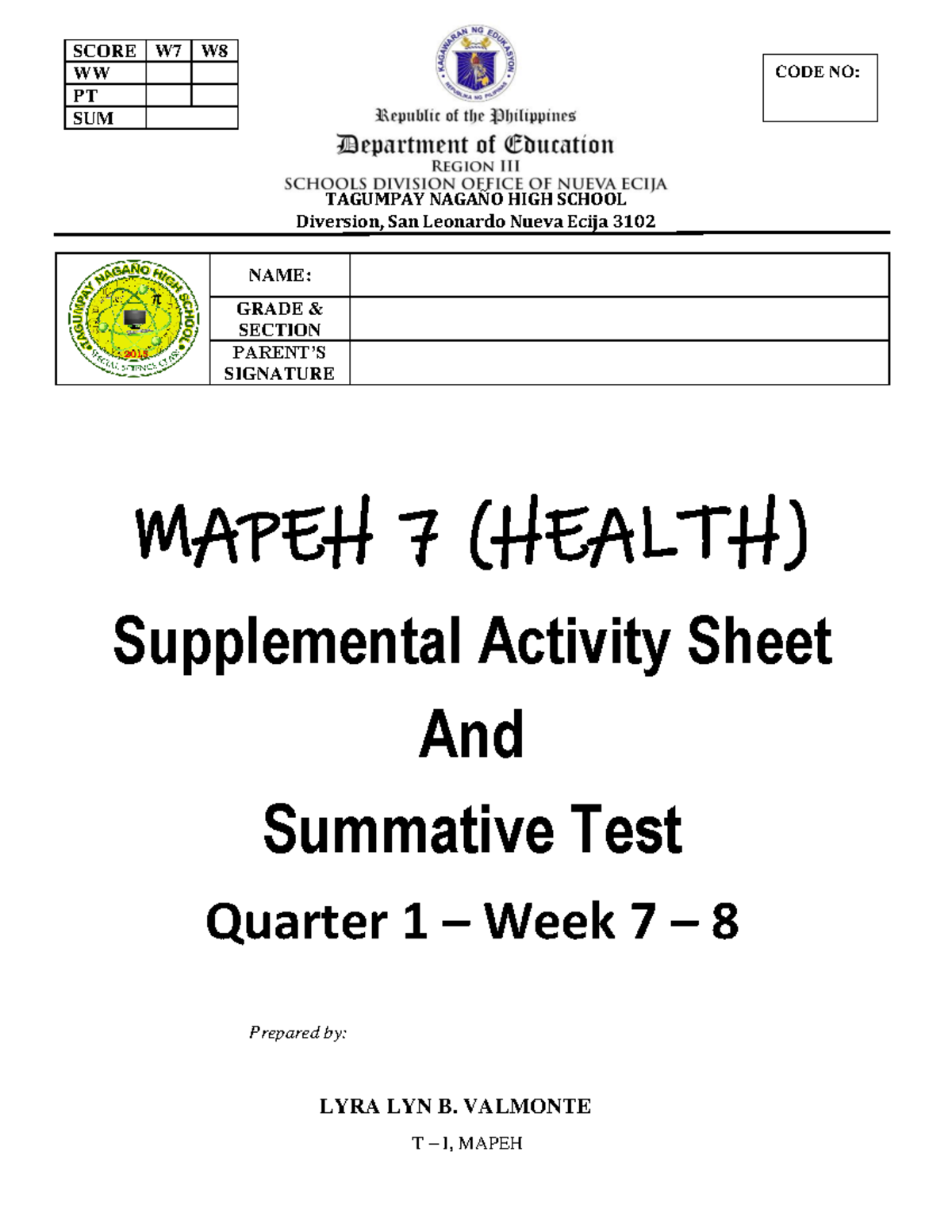 LAS-Q1-W7-8 Health - ACTIVITY - TAGUMPAY NAGA—O HIGH SCHOOL Diversion ...