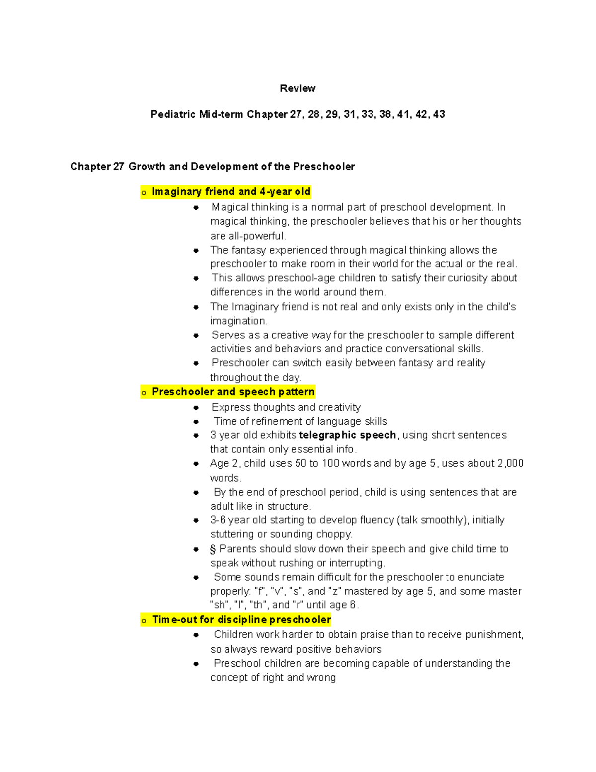 Peds Midterm Study Guide - Review Pediatric Mid-term Chapter 27, 28, 29, 31, 33, 38, 41, 42, 43 ...