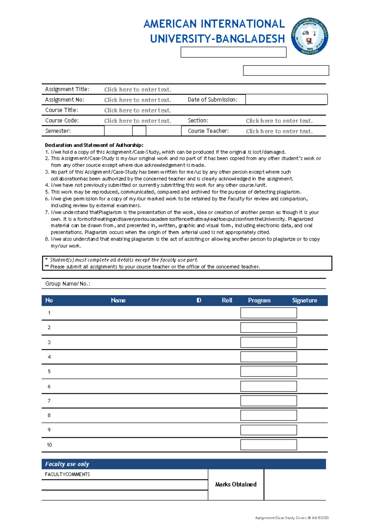 Assignment Cover Page - Fillable 2020 [Roll] - AMERICAN INTERNATIONAL ...