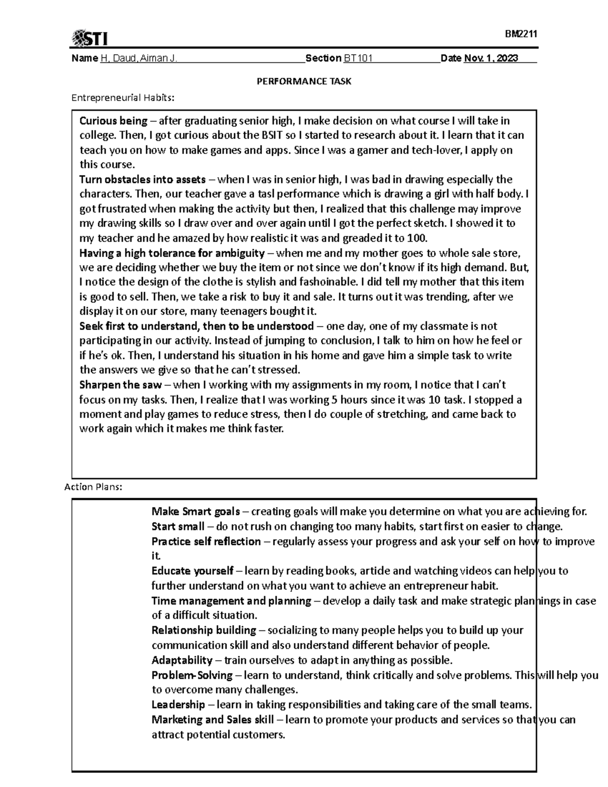 Task Performance 05 - Make list of different entrepreneur habits ...