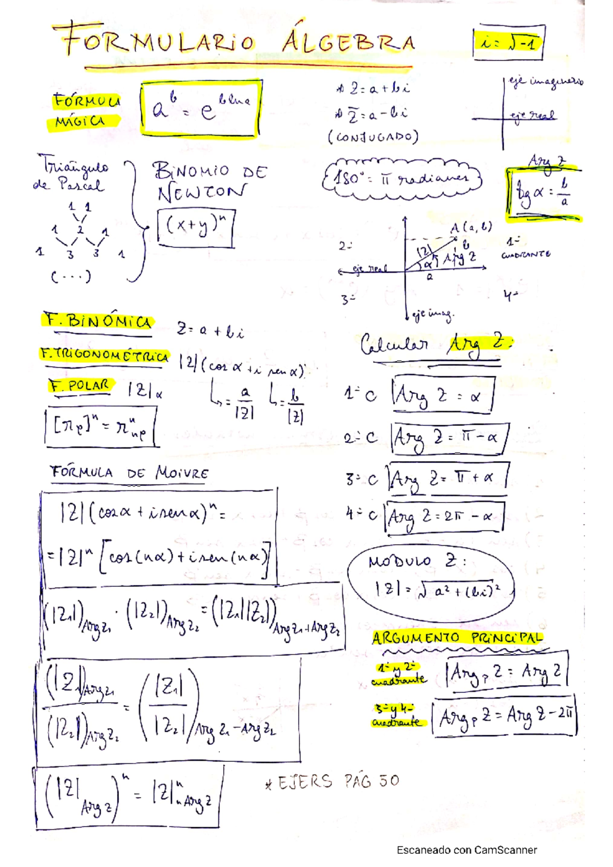 Formulario Álgebra - cos (mpi) = (-1)^k sen (mpi) = 0 (si k n entero ...